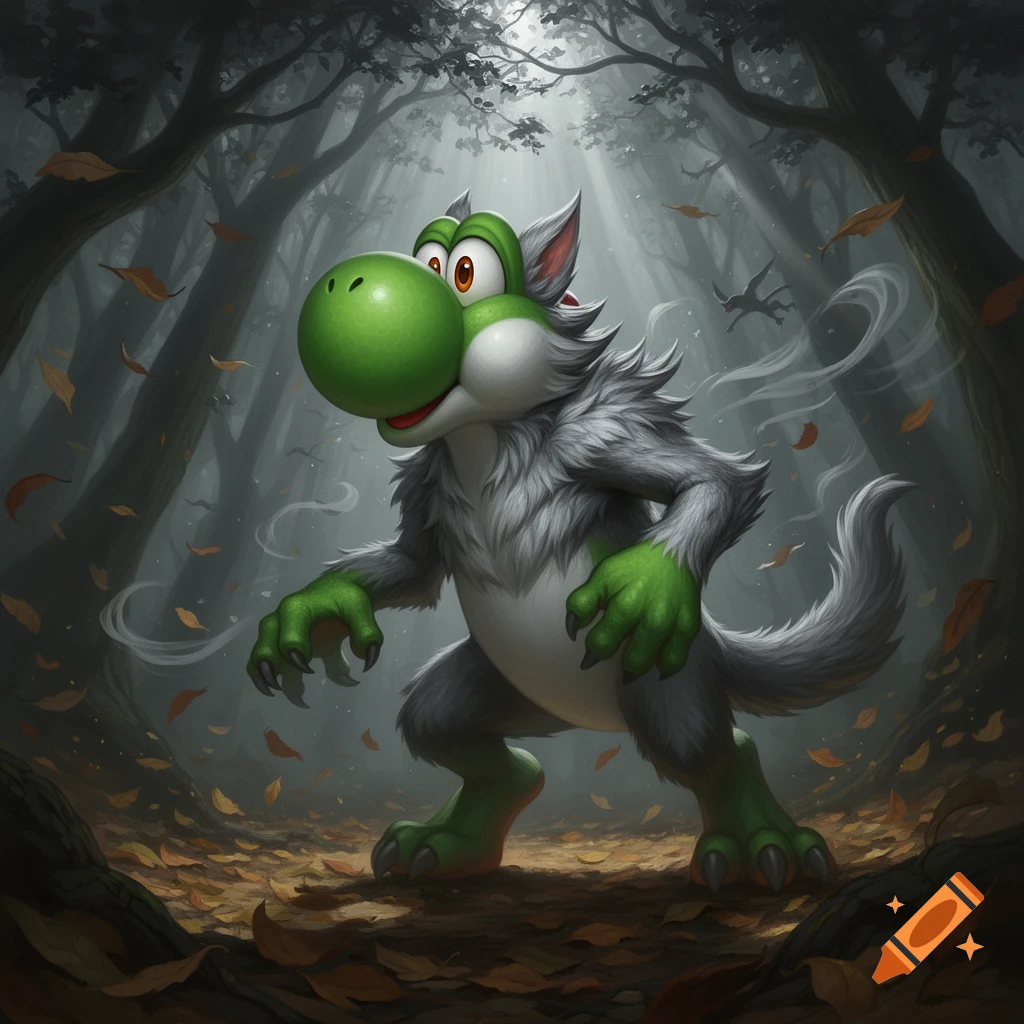 Yoshi, transformed into a gray werewolf with green skin, stands in a ...