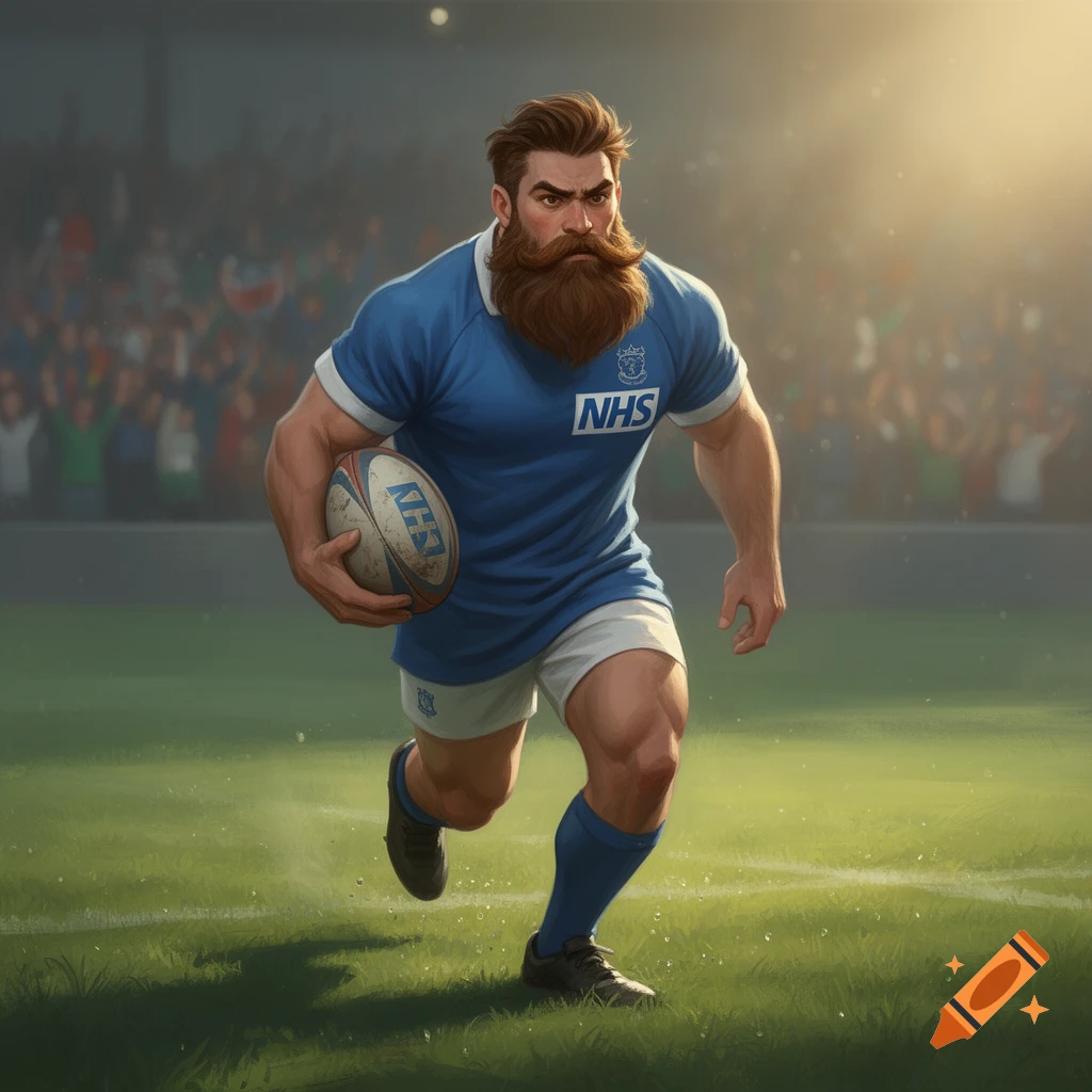 A muscular, bearded rugby player in a blue NHS tunic and white shorts ...