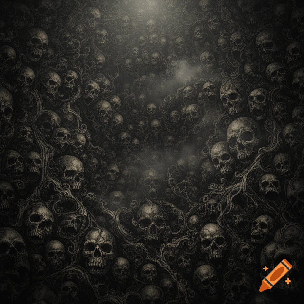 A grim, dark texture composed of countless human skulls intertwined ...