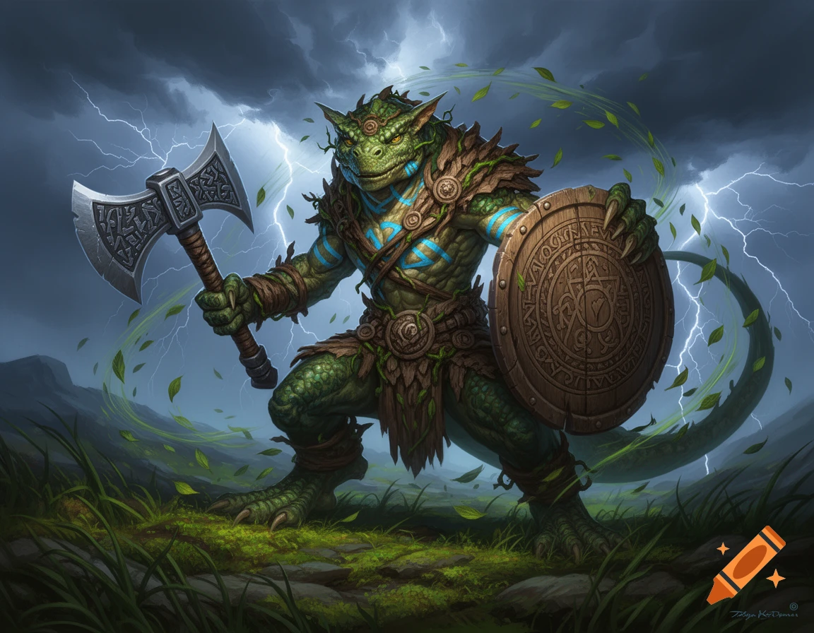 Green scaly reptilian warrior holding a battleaxe and shield, standing ...