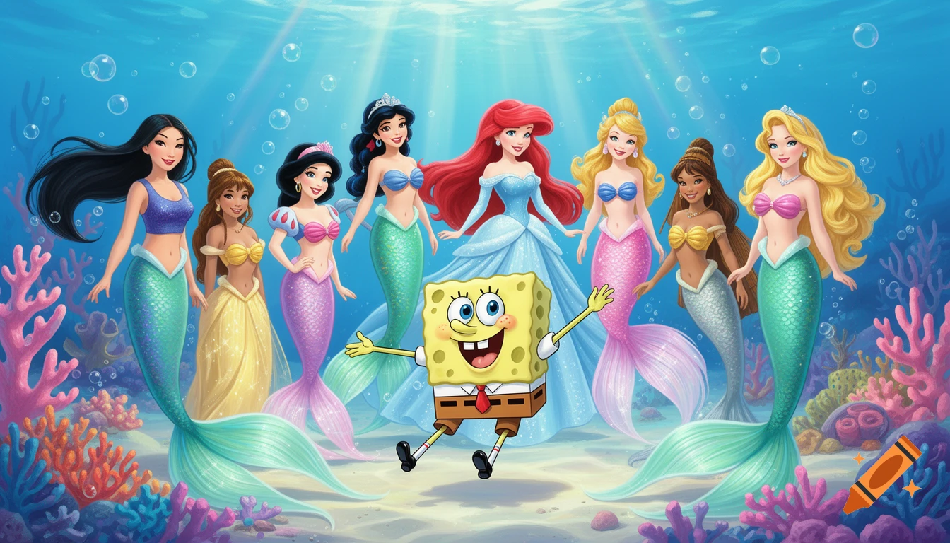 SpongeBob SquarePants and eight Disney princesses (Mulan, Jasmine, Snow ...
