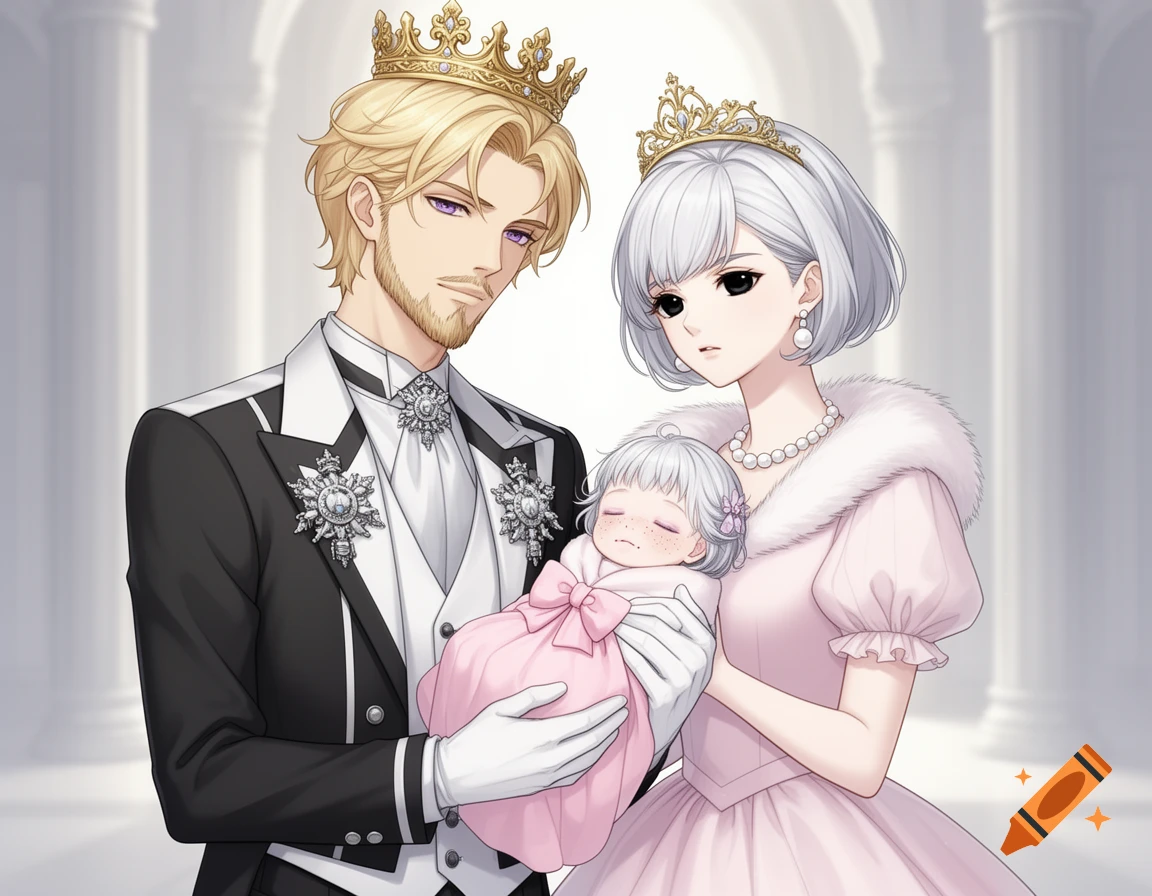 Anime royal family portrait featuring a king, queen, and baby princess ...