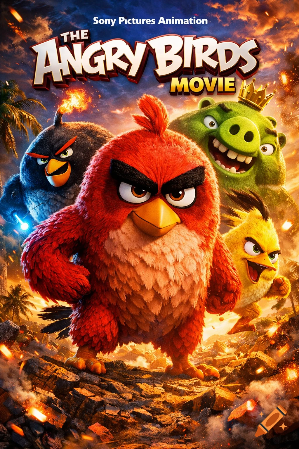 Movie poster for The Angry Birds Movie featuring Red, Chuck, Bomb, and ...