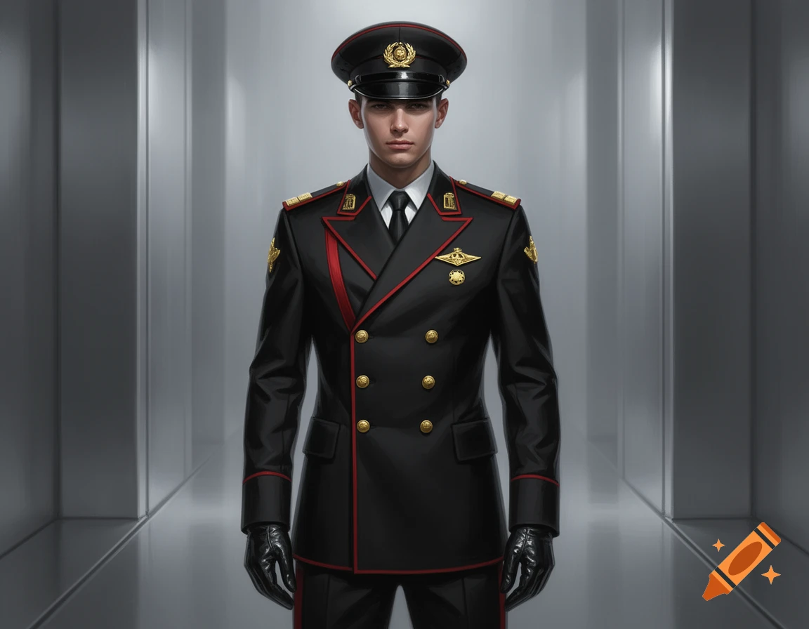 A man in a black and red futuristic military dress uniform with gold ...