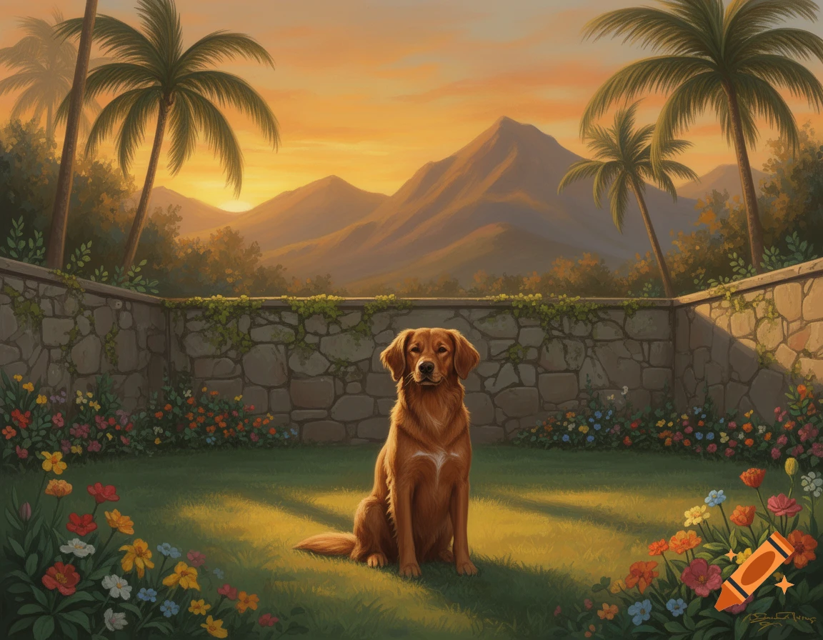 A golden retriever sits in a grassy backyard with colorful flowers ...