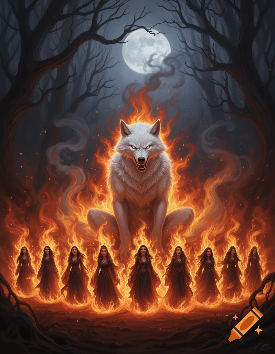 A roaring white werewolf in flames, with nine witches also on fire ...