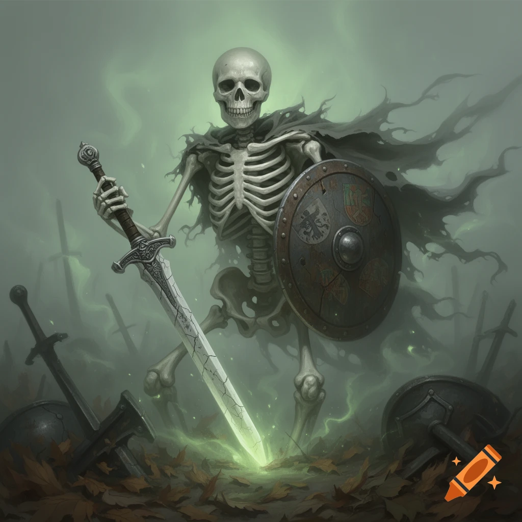 A skeletal warrior in a tattered cape holds a glowing sword and shield ...