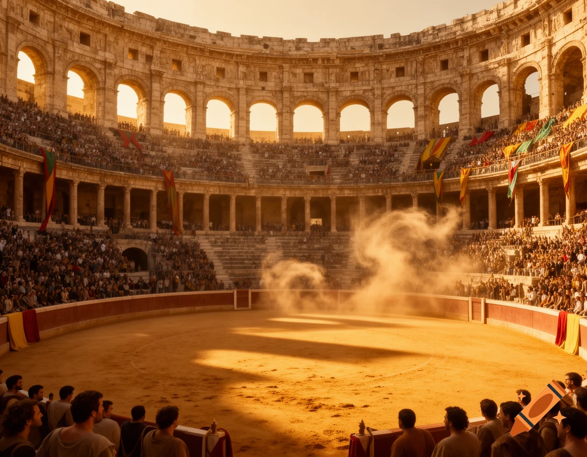 A vast, ancient stone arena filled with spectators under a warm, dusty ...