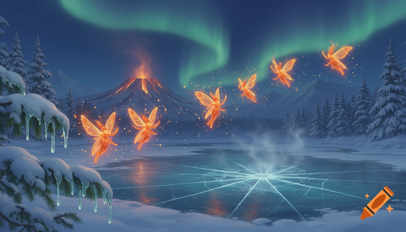 Glowing fire fairies fly from a snowy volcano over a cracking frozen ...