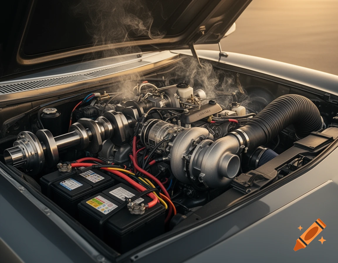 Photorealistic close-up of a jury-rigged car engine with an oversized ...
