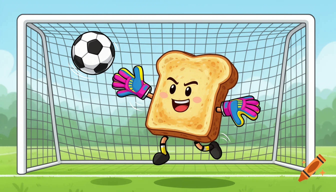 A cartoon slice of toast with a happy face, wearing goalie gloves, dives left to save a soccer ...