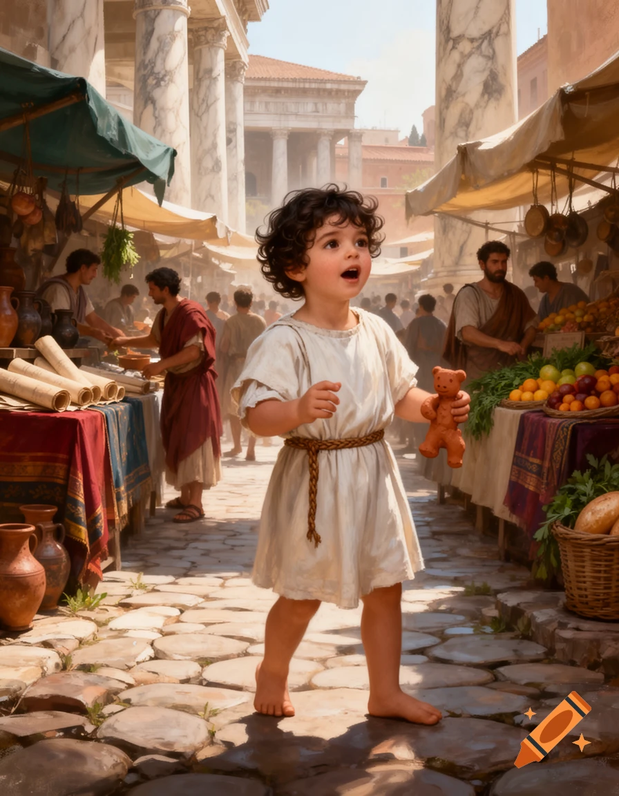 A curious ancient Roman child in a toga holds a teddy bear and looks up ...