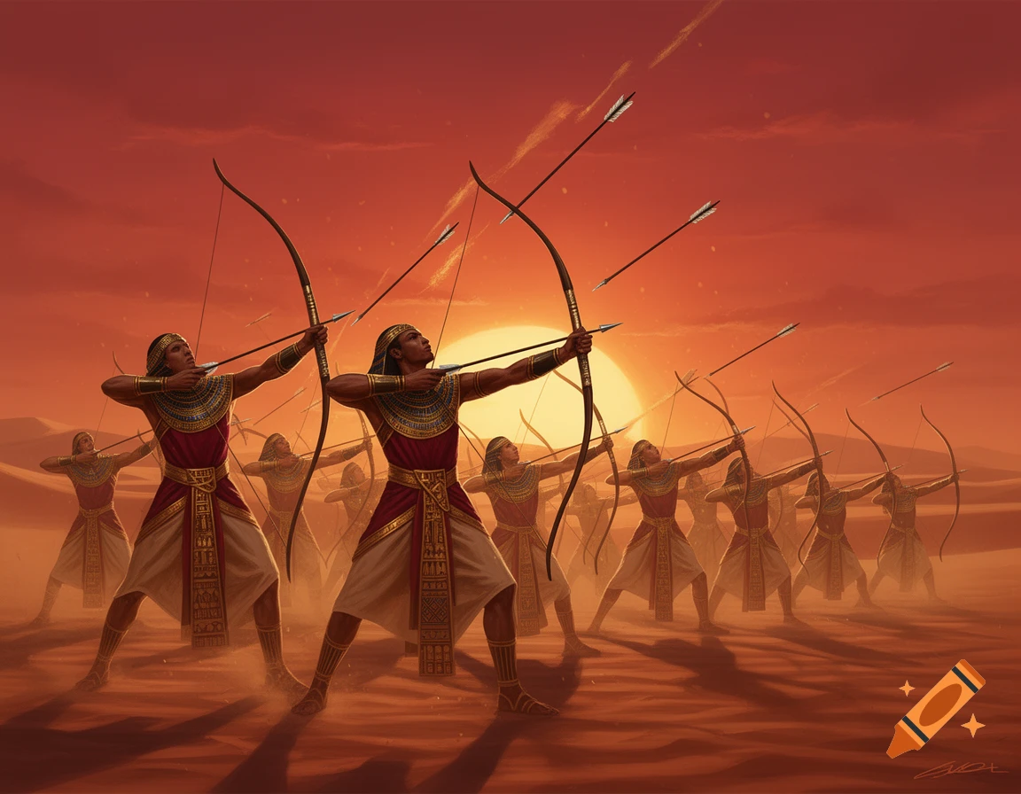 Ancient Egyptian archers in red and gold tunics fire arrows into a ...