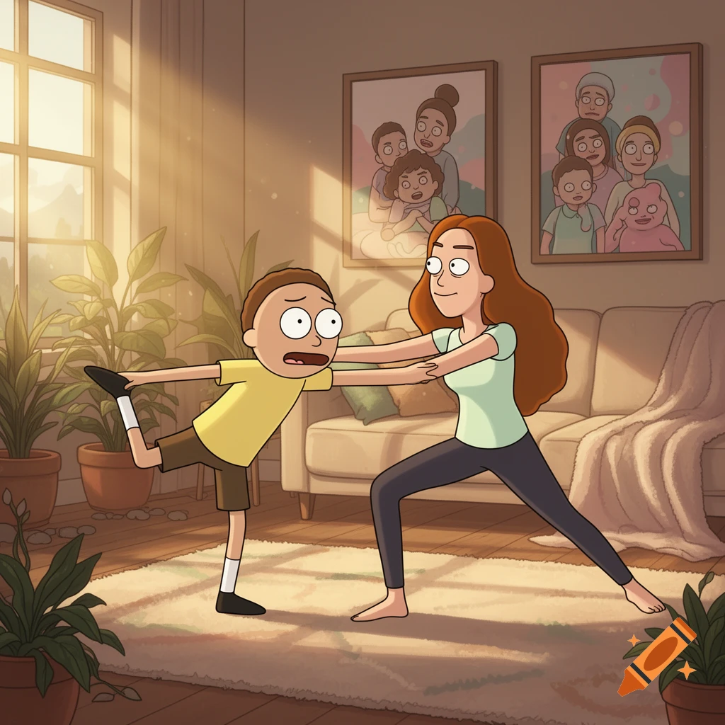 Morty, with wide eyes, tries a one-legged yoga pose while holding hands ...