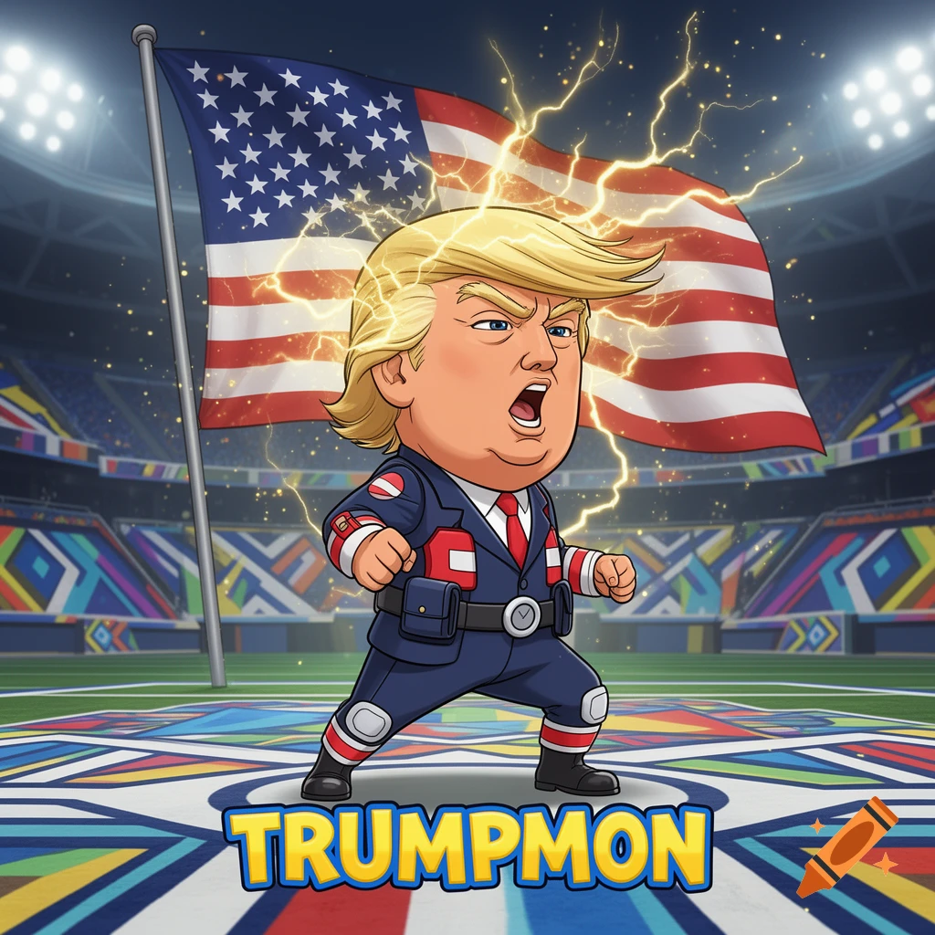 Cartoon Donald Trump as 'Trumpmon' character, with lightning, in a ...