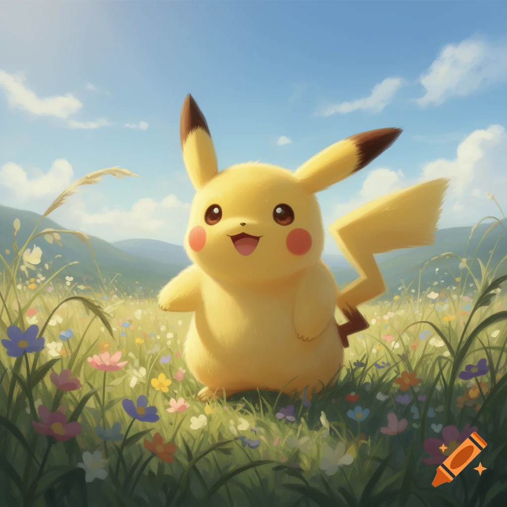 A cute, smiling Pikachu stands in a sunny field of colorful wildflowers ...