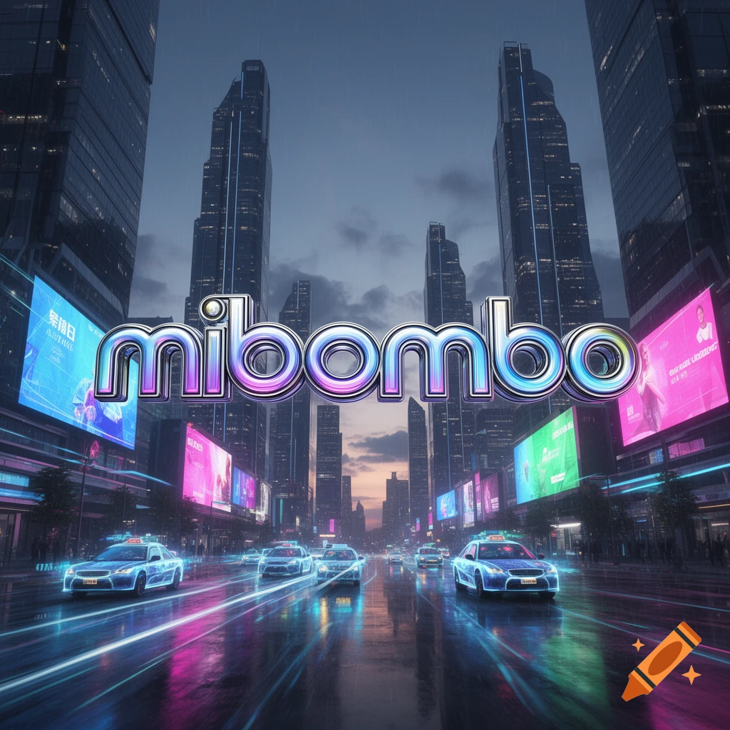 Chrome 'mibombo' text over a futuristic cyberpunk city street with neon ...