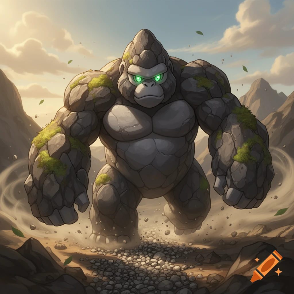 A powerful rock gorilla with glowing green eyes and mossy patches ...