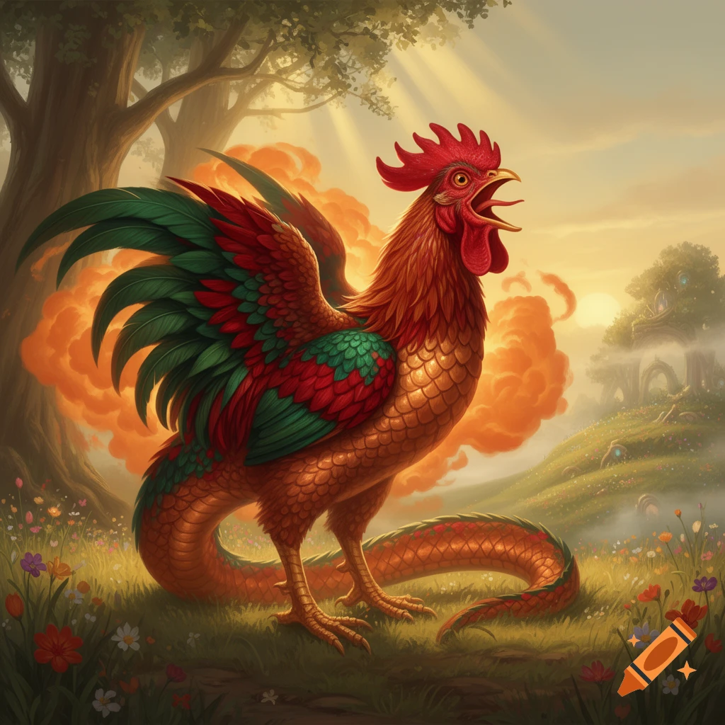 A majestic chicken-dragon with red and green feathers and a scaled body ...