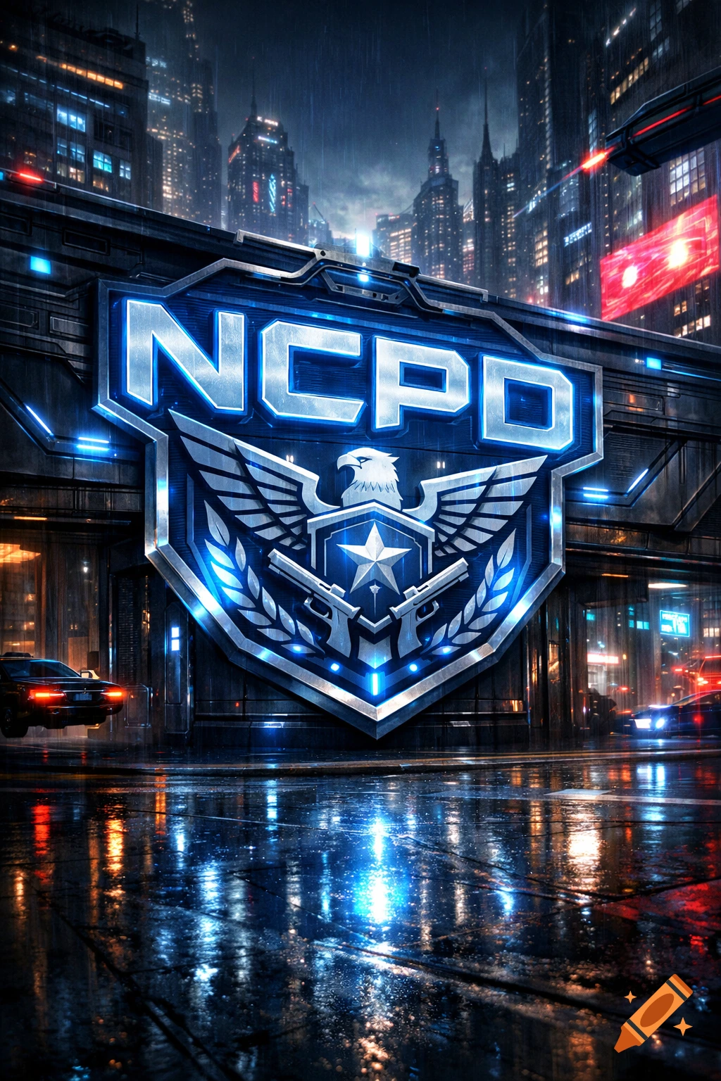 A neon-lit 'NCPD' shield sign on a futuristic building in a rainy ...