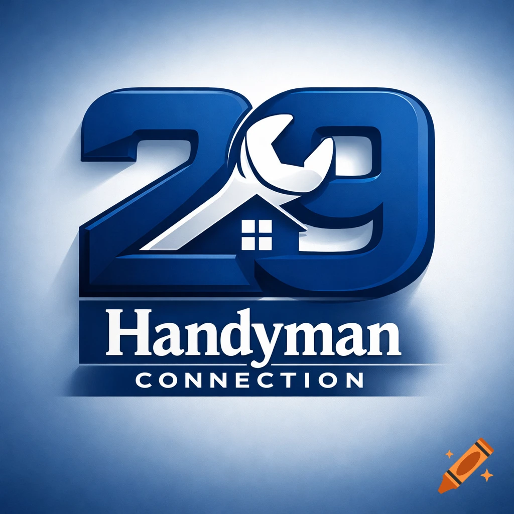 A blue 3D logo for 29 Handyman Connection, featuring a white wrench and ...