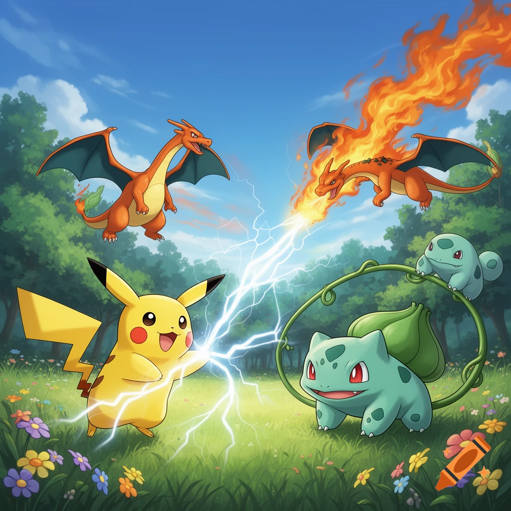 Pikachu battling two Charizards and two Bulbasaur-like creatures in a ...