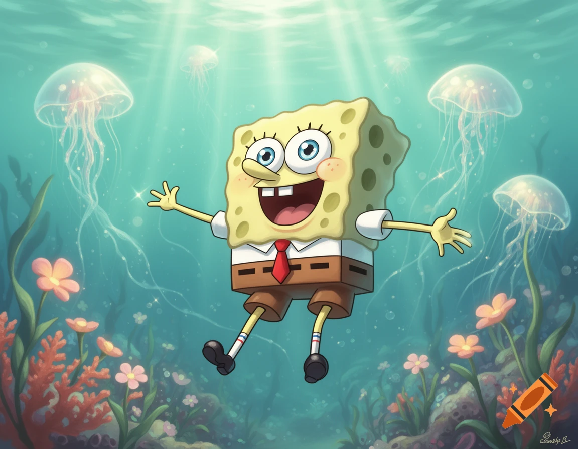 Spongebob SquarePants smiling underwater with jellyfish and coral in an ...