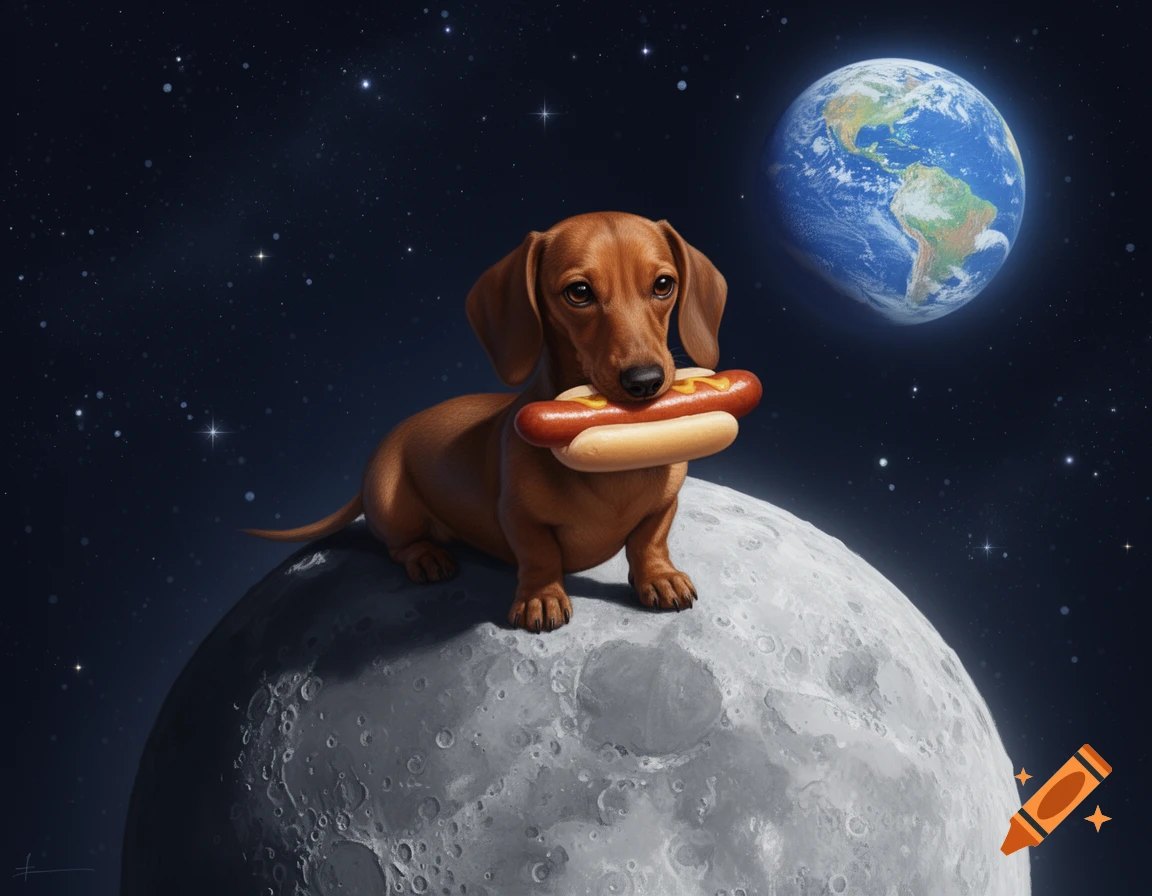 A brown dachshund sits on the moon, holding a hot dog in its mouth ...