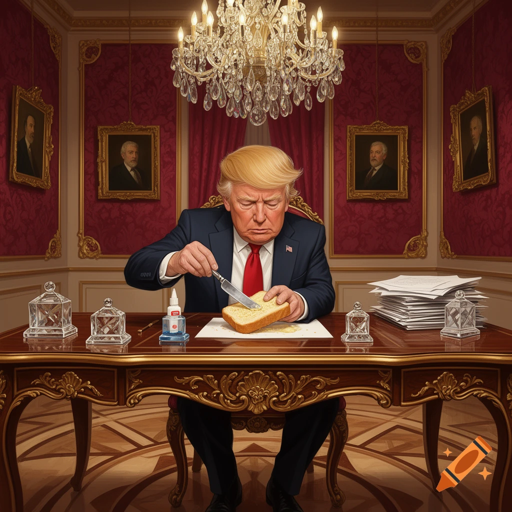 Donald Trump in an ornate room, intensely spreading a substance on a ...