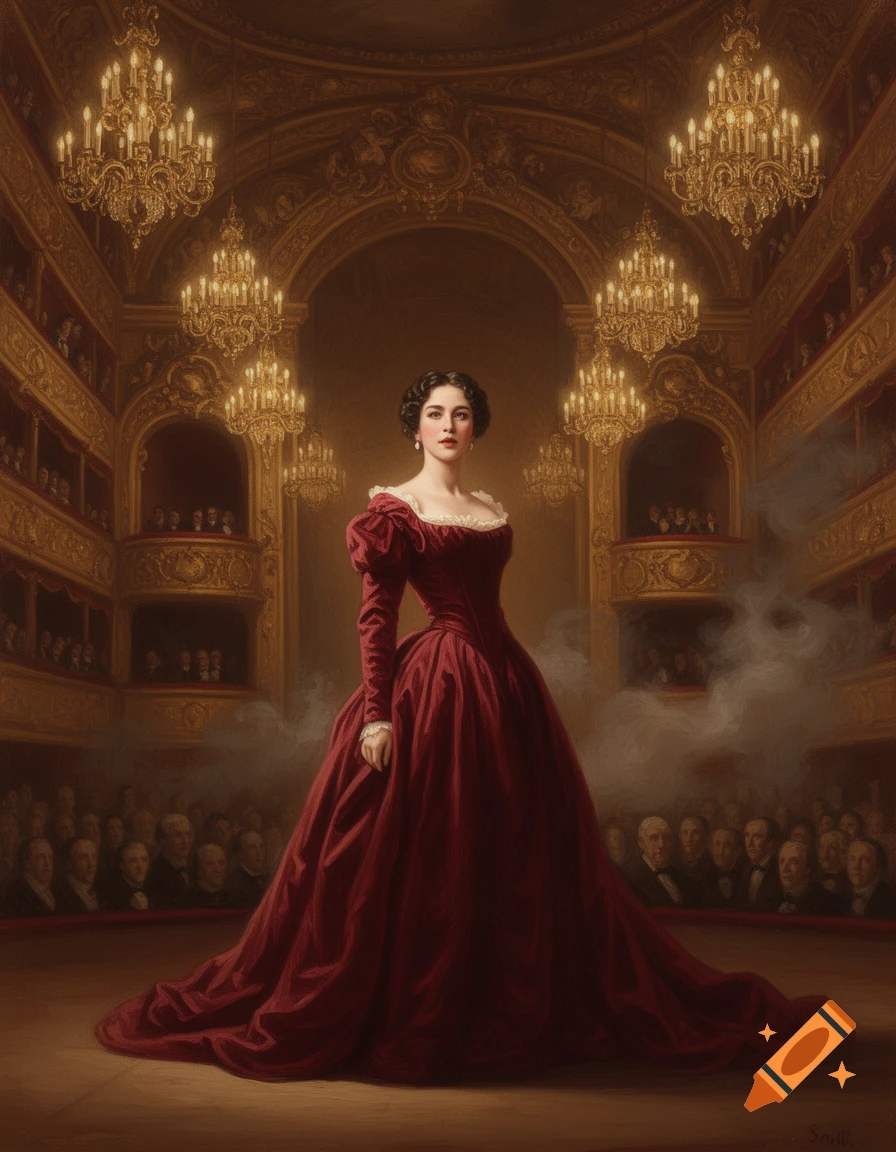 A painting of a woman in a voluminous red gown standing on a grand ...