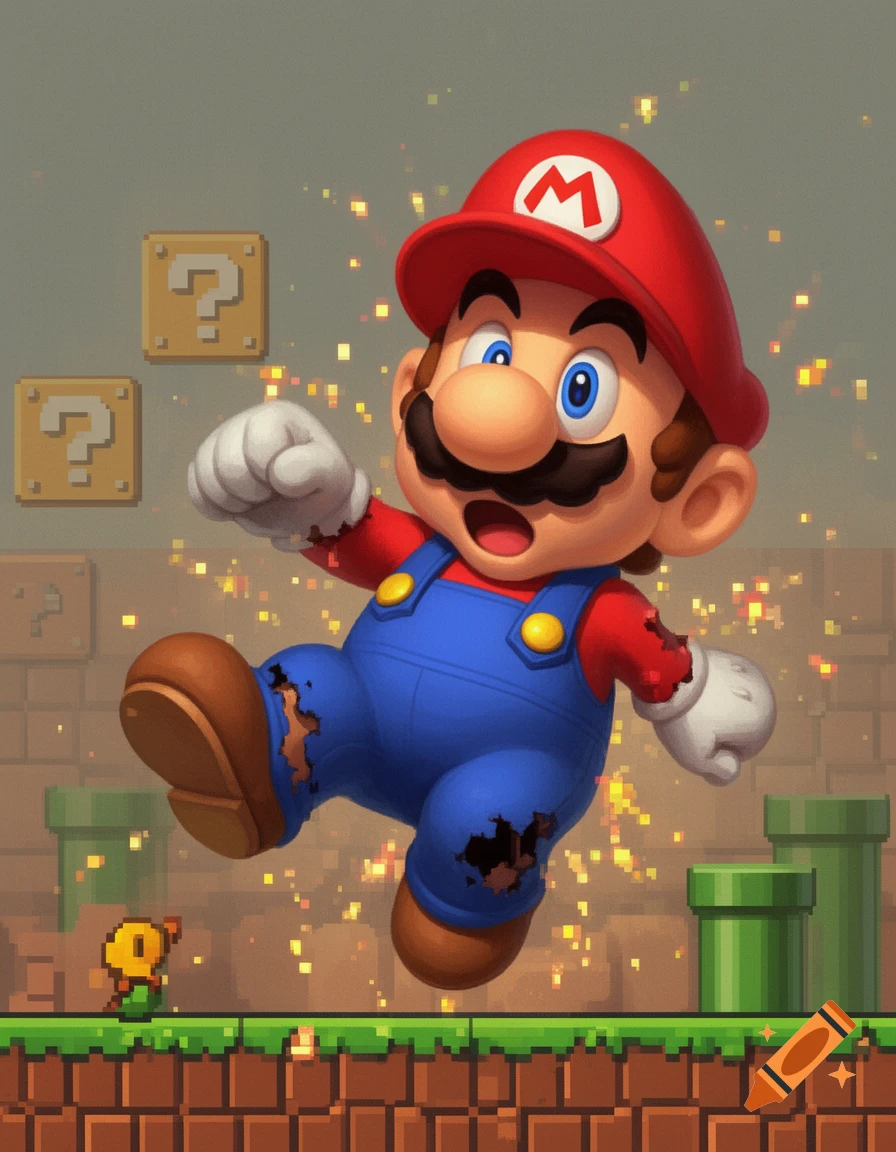 Mario, with torn clothes and disintegrating pixels, jumps in a ...
