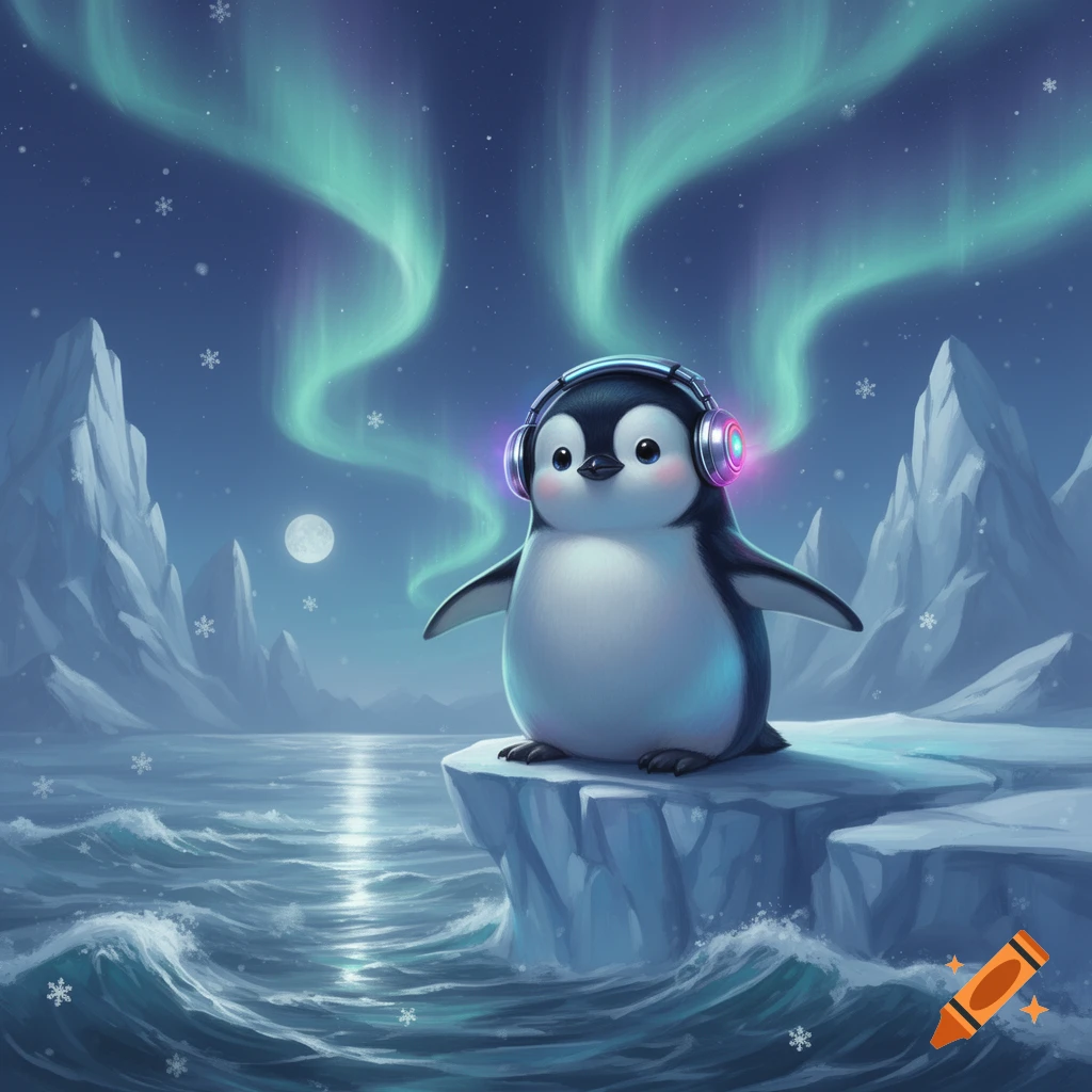 A cute cartoon penguin with glowing headphones stands on an iceberg in ...