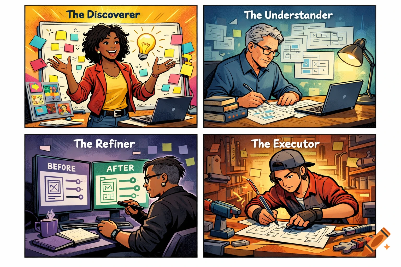 A four-panel comic strip in a modern cartoon style with strong colors ...