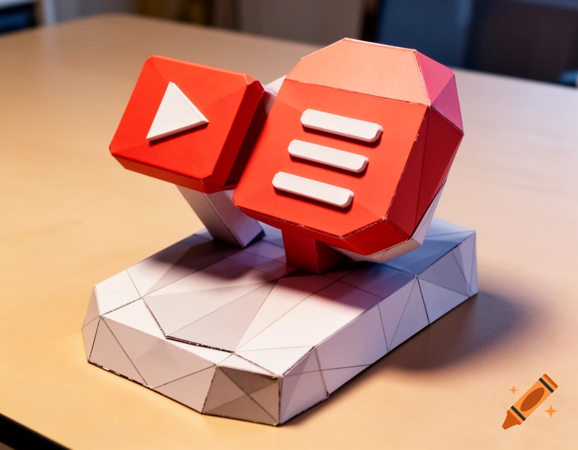 A red and white low-poly papercraft sculpture resembling a play/pause ...