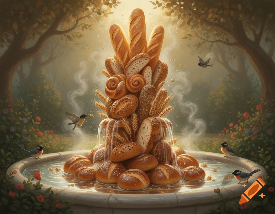 A whimsical bread fountain in an enchanted forest with birds ...
