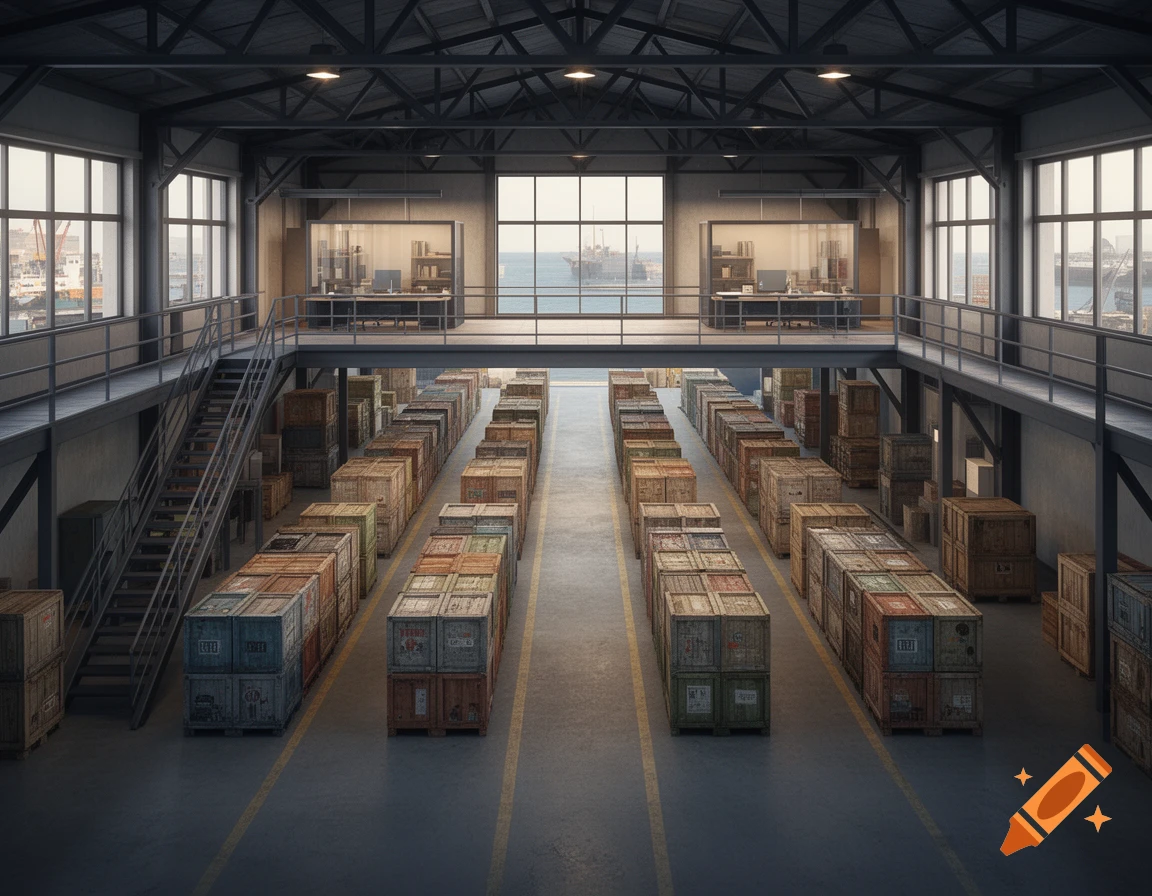 Photorealistic interior view of a two-level dockyard storehouse with ...