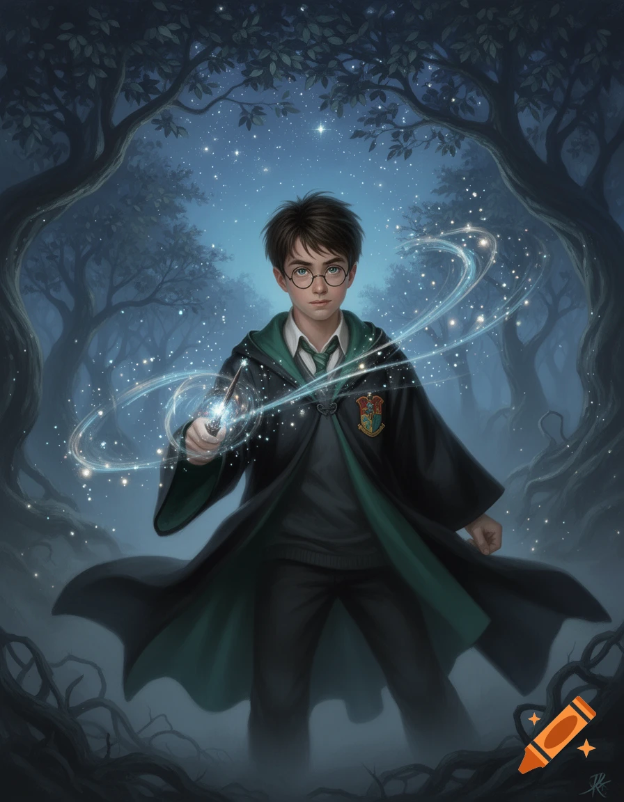 Young Harry Potter in Hogwarts robes and glasses casts a spell with a ...