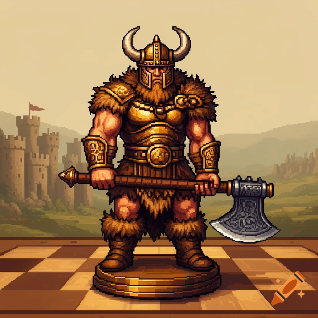 Pixel art chess piece of a barbarian king holding an axe on a ...