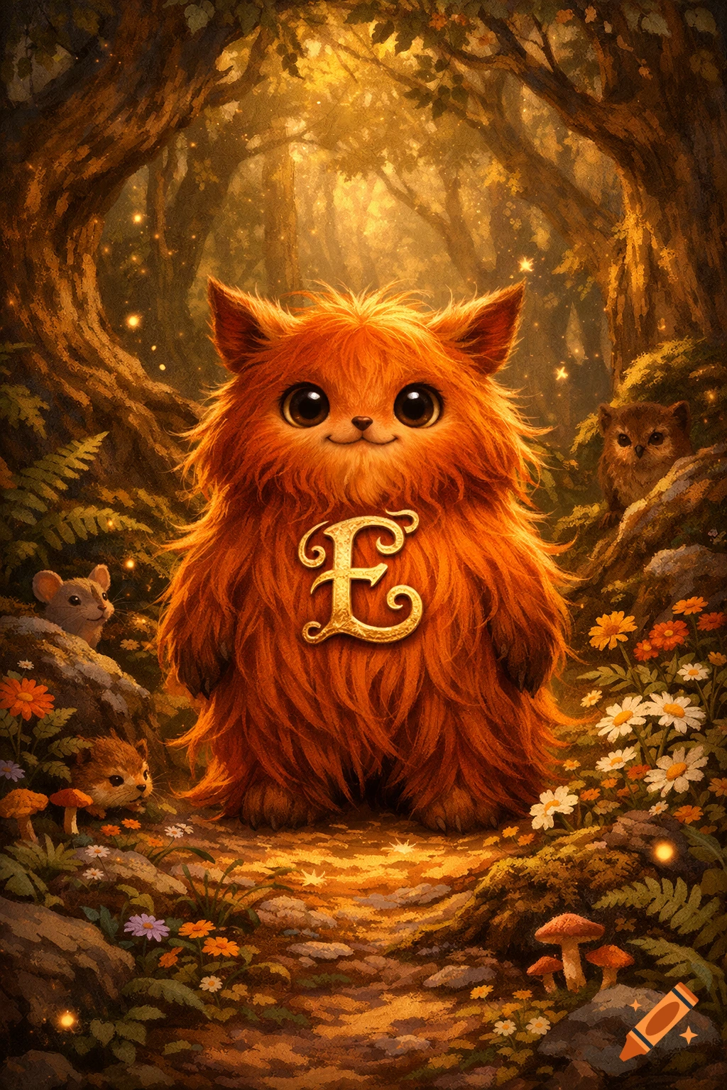 A fluffy orange creature with big eyes and a golden E on its belly ...
