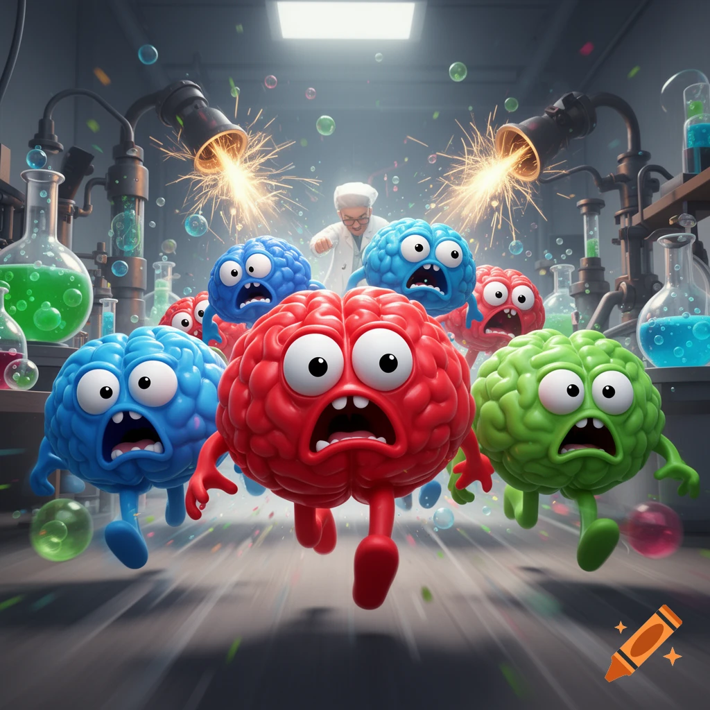 Cartoon brain monsters with legs and faces run in fear from a mad ...