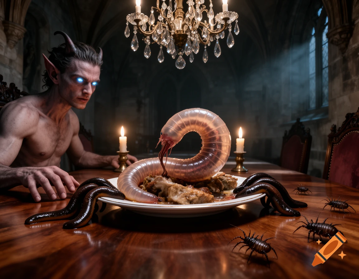 Photorealistic incubus with glowing eyes at a gothic table, looking at ...