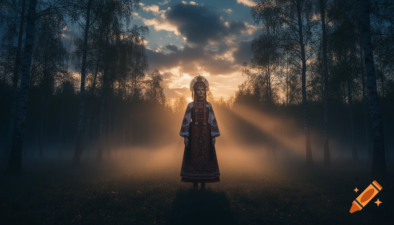 A dramatic cinematic portrait of a Slavic priestess in traditional folk ...