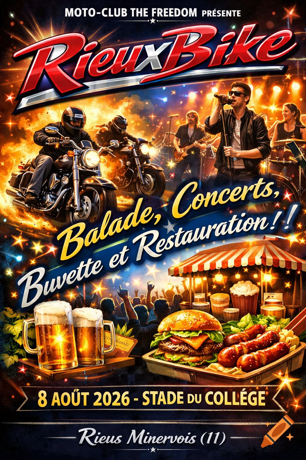 Dynamic event poster featuring motorcycles, a rock band performing, a ...
