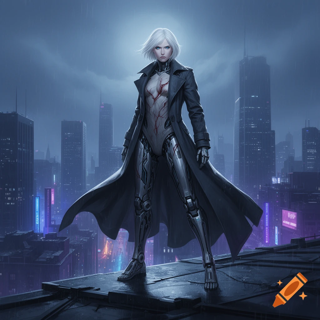 A white-haired cyborg assassin in a long coat stands on a rainy city ...
