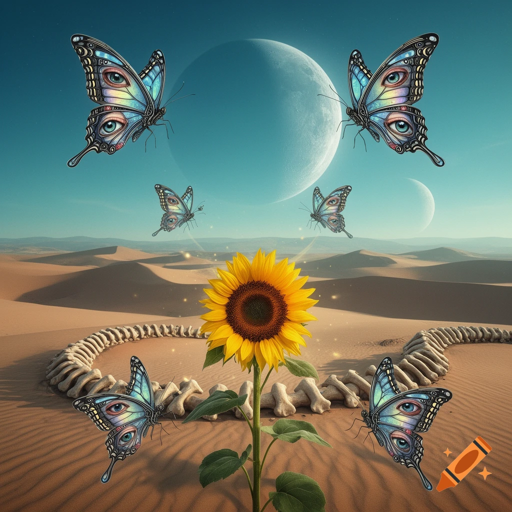 Surreal desert with human-eyed butterflies flying around a sunflower ...