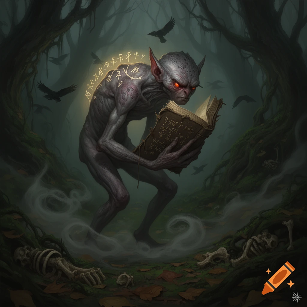 A gaunt, grey creature with glowing red eyes and runes on its back ...