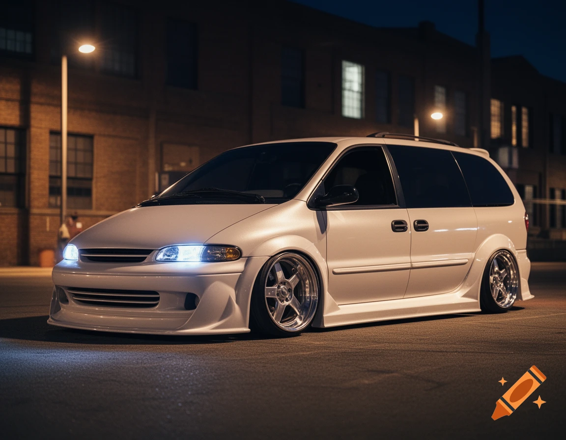 A white, modified Chrysler minivan with custom wheels and lowered ...