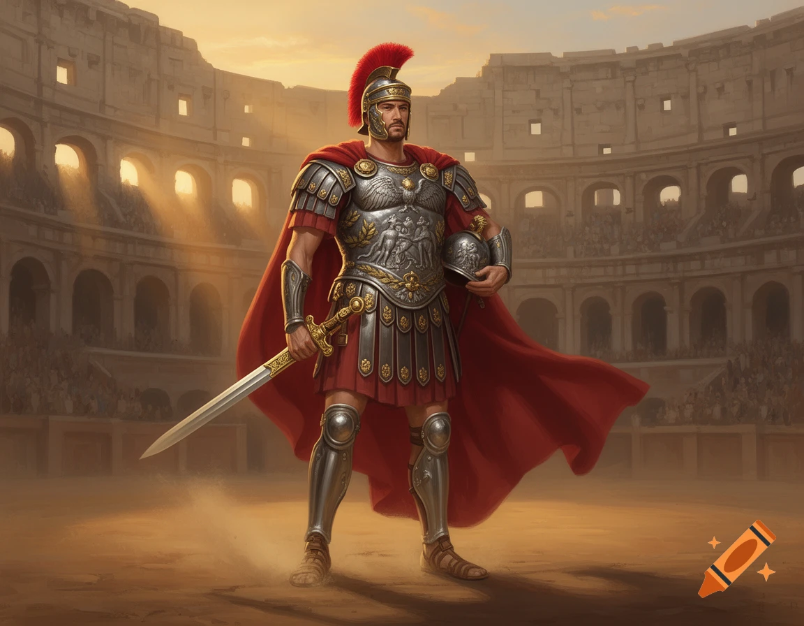 A proud Roman general in detailed silver and red armor stands in a ...