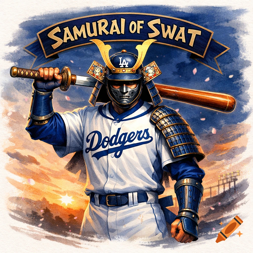 Watercolor illustration of a samurai in a Dodgers baseball uniform ...