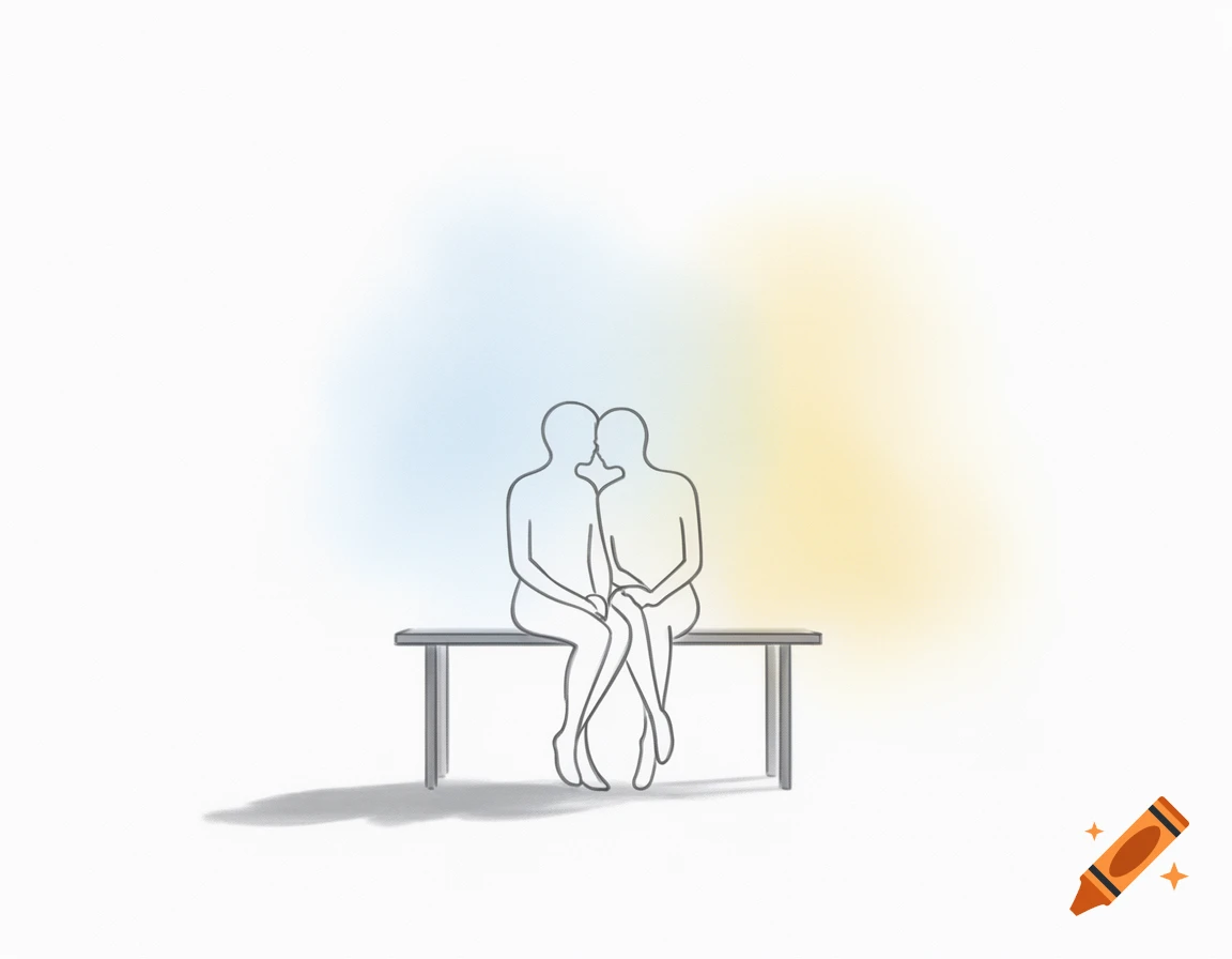 Minimalist line art of two figures sitting on a bench with heads ...